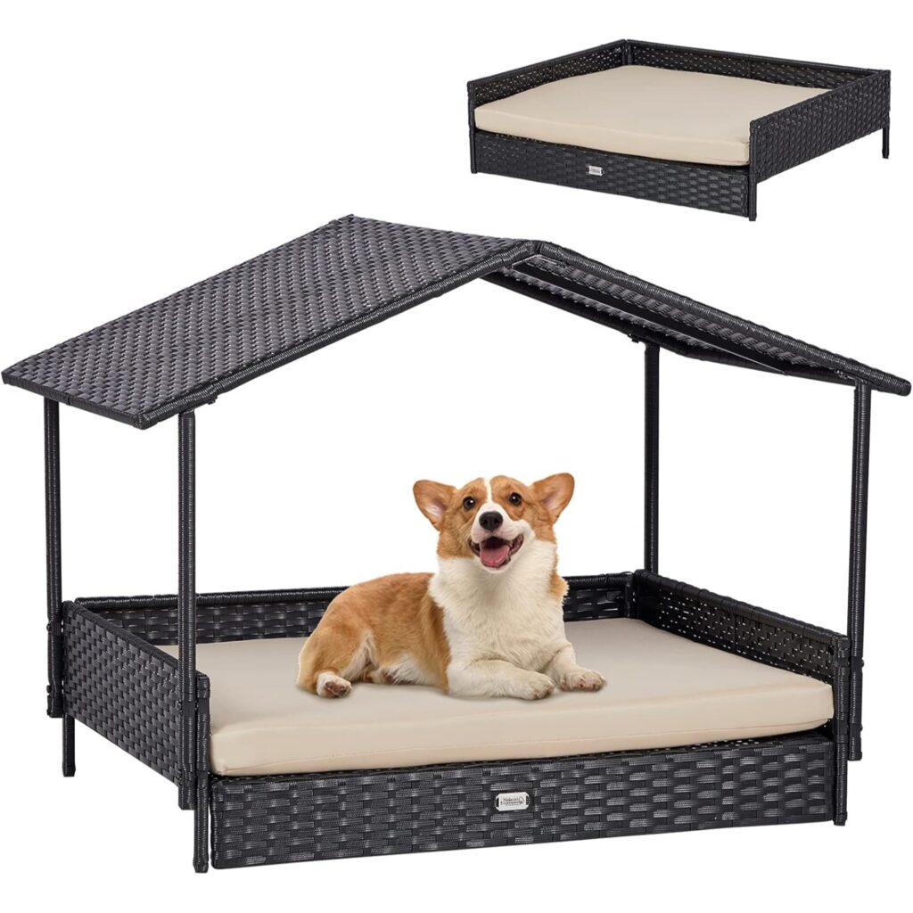 Casa de Perro de Mimbre 2 en 1 con Toldo Extraíble 68x97x73 Cm - Dr Mascota